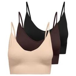 Bustier Only "ONLVICKY RIB S-L V-NECK 3-PACK TOP NOOS", Damen, Gr. S, N-Gr, schwarz pack:schwarz, seal braun, peach taffy, Jersey, Obermaterial: 90% Polyamid, 10% Elasthan, unifarben, figurbetont, BHs Bustier, figurbetont, modisch, Materialmix, Jersey, Spaghettitr&auml;ger
