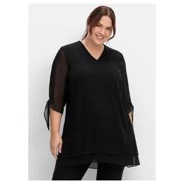 Longbluse sheego, Damen, Gr. 40, schwarz, 100% Polyester, Unterteil:5% Elasthan, 95% Viskose, unifarben, V-Ausschnitt, Blusen Longbluse