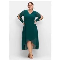 Abendkleid sheego "Abendkleid", Damen, Gr. 46, Normalgr&ouml;&szlig;en, gr&uuml;n (dunkelgr&uuml;n), 100% Polyester, unifarben, lang, V-Ausschnitt, Kleider Abendkleid