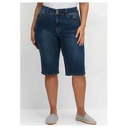 Jeansbermudas sheego, Damen, Gr. 42, Normalgr&ouml;&szlig;en, blau (dunkelblau denim), 99% Baumwolle, 1% Elasthan, unifarben, kurz, Jeans