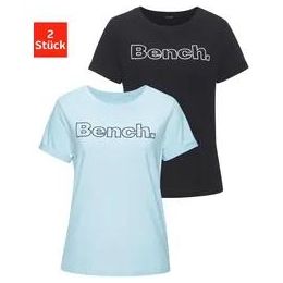 T-Shirt BENCH. LOUNGEWEAR, Damen, Gr. 40/42, 1x hellblau, 1x schwarz, Single Jersey, Obermaterial: 100% Baumwolle, unifarben, Basic, bequem h&uuml;ftlang, Rundhals, Umschlagsaum, Shirts T-Shirt, im doppelpack mit Logodruck, Loungewear