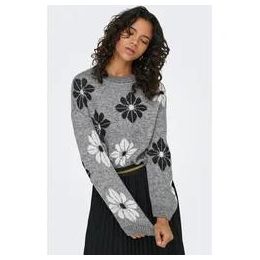 Rundhalspullover Only "ONLFREESIA LS FLOWER O-NECK RP KNT", Damen, Gr. L, medium grau melange pattern:flowers, schwarz, cloud dancer, Strick, Obermaterial: 80% Polyacryl, 20% Polyester, gemustert, regular fit normal, Rundhals, Pullover Rundhalspullover, mit Bl&uuml;mchen - Strickmuster