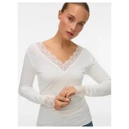 V&eacute;ro Moda Langarmshirt VERO MODA "VMSKYE LS V-NECK LACE TOP JRS NOOS", Damen, Gr. L, wei&szlig; (snow wei&szlig;), Jersey, Obermaterial: 86% Modal, 8% Wolle, 6% Elasthan, unifarben, h&uuml;ftlang, V-Ausschnitt, Shirts Langarmshirt