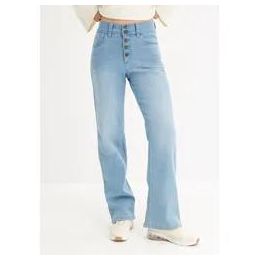 Straight-Jeans bonprix "Straight-Jeans High Waist, Stretch", Damen, Gr. 38, N-Gr, blau (hellblau denim used), Denim/Jeans, Obermaterial: 82% Baumwolle, 17% Polyester, 1% Elasthan, unifarben, regular fit lang, Jeans Straight-Jeans, Regular Fit, mit Elasthan-Anteil, mit 5-Knopf-Form