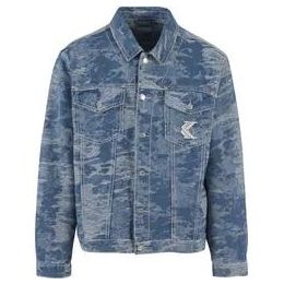 Jeansjacke Karl Kani "Karl Kani OG K Distress Camo OS Denim Jacket", Herren, Gr. M, medium blau, 60% Baumwolle, 28% Polyester, 12% Viskose, unifarben, normal, amerikanischer Ausschnitt, Jacken Jeansjacke