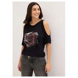 T-Shirt bonprix "Cold-Shoulder-Shirt aus Viskose", Damen, Gr. 40/42 (M), schwarz (schwarz, grau floral), Obermaterial: 100% Viskose, l&auml;ssig geschnitten, Shirts T-Shirt, Cold-Shoulder-Design, Halbarm, l&auml;ssige Passform, mit Blumen-Print