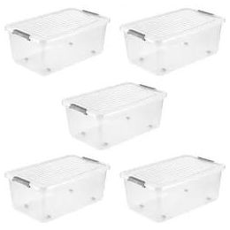 Aufbewahrungsbox keeeper "Clipbox Leo (Set 5 St.) 37 L, 59 x 38 x 24 cm", transparent, B:59cm H:24cm T:38cm, Kunststoff, Aufbewahrungsboxen, Aufbewahrungsbox, Schanierclips, Doppel&ouml;ffnung, 90 drehbare R&auml;der, fixierbarer Deckel