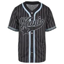 T-Shirt Karl Kani "Karl Kani Karl Kani Kani Star Logo Pinstripe Baseball Shirt", Damen, Gr. S, schwarz, lightblau, 100% Polyester, gestreift, loose fit, V-Ausschnitt, Shirts T-Shirt