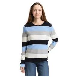 Strickpullover Tom Tailor "Otto", Damen, Gr. XL, fjord blau, Strick, Obermaterial: 60% Baumwolle, 40% Viskose, gestreift, regular fit normal, Rundhals, Rollkante, Pullover Strickpullover, mit Viskose