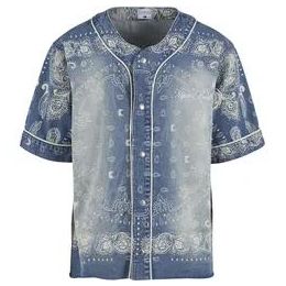 Kurzarmshirt Karl Kani "Karl Kani Kani Paisley Denim Baseball Shirt", Damen, Gr. S, blau, 100% Baumwolle, normal, amerikanischer Ausschnitt, Shirts