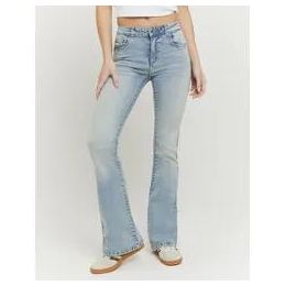Bootcut-Jeans Tally Weijl "SPADEELETRA2", Damen, Gr. 38, N-Gr, bleach indigo wash2, Denim/Jeans, Obermaterial: 98% Baumwolle, 2% Elasthan, Abriebeffekte, bootcut fit lang, Jeans, Baumwollmischung, Mid Waist mit Flare Beinverlauf und Push up Effekt