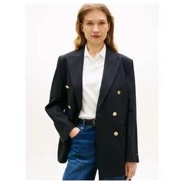 Kurzblazer Tommy Hilfiger "TIMELESS WOOL DB BLAZER", Damen, Gr. 40, schwarz night navy, Web, Obermaterial: 54% Polyester, 44% Wolle, 2% Elasthan, unifarben, bequem, V-Ausschnitt, Blazer Kurzblazer, mit doppelreihiger Knopfleiste