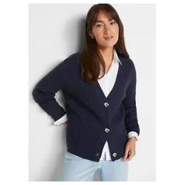 Strickjacke bonprix, Damen, Gr. 48/50 (XL), blau (dunkelblau), Strick, Obermaterial: 100% Polyacryl, unifarben, loose fit normal, V-Ausschnitt, gerader Abschluss, Strickjacken Strickjacke, lockere Passform, Ripp-Optik, unifarben, mit 3-Knopf-Verschluss