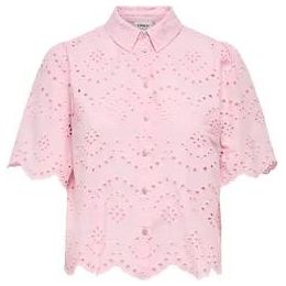 Spitzenbluse Only "ONLVALAIS S/S SHIRT WVN NOOS", Damen, Gr. XS, pink lady, Web, Obermaterial: 100% Baumwolle, unifarben, loose fit normal, gewellter Abschluss, Blusen Spitzenbluse, Baumwolle, loose fit