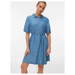 V&eacute;ro Moda Hemdblusenkleid VERO MODA "VMBREE SS SHORT TENCEL SHIRT DRESS", Damen, Gr. L, N-Gr, medium blau denim, Web, Obermaterial: 100% Lyocell, unifarben, regular fit kurz, V-Ausschnitt, Kleider, Viskose, regular fit, Denim Look