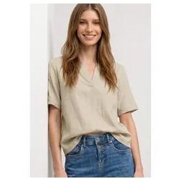 Shirtbluse Street One, Damen, Gr. 44, timeless beige, Web, 60% Leinen, 40% Baumwolle, unifarben, normal normal, Rundhals, B&uuml;ndchen, Blusen, mit Leinenanteil