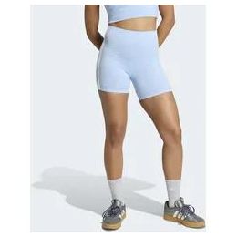 Trainingstights Adidas SPORTSWEAR "ESSENTIALS 3-STREIFEN HIGH WAISTED KURZE LEGGINGS", Damen, Gr. L, N-Gr, glow blau, normal, gr., Obermaterial: 90% Baumwolle, 10% Elasthan, Hosen, kurze Leggings, mittelhoher Bund, flacher, elastischer Bund