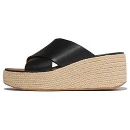 Pantolette fitflop "PLATFFORMS ESPADRILLE LEATHER WEDGE CROSS SLIDES", Damen, Gr. 37, schwarz, Leder, Schuhe Pantolette, Keilabsatz, Plateau, Sommerschuh mit Wedge