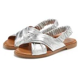 Sandale Lascana "Sandalette, Sommerschuh, offener Schuh, Pantolette", Damen, Gr. 42, silberfarben, Obermaterial: 100% Lammleder. Decksohle: 100% Rindsleder. Futter: 100% Schweinsleder. Laufsohle: 100% Synthetik, metallic, unifarben, Basic, Schuhe Sandale, aus Leder mit elastischen Riemchen