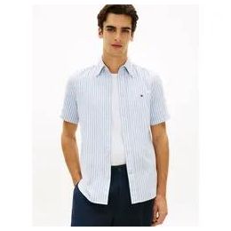 Kurzarmhemd Tommy Hilfiger "LINEN BLEND BENGAL STRIPE", Herren, Gr. S, N-Gr, cloudy blau, stripe, Web, Obermaterial: 52% Baumwolle, 48% Leinen, regular fit, Hemden, regular fit, gestreift, Button-down-Kragen