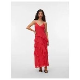 V&eacute;ro Moda Tr&auml;gerkleid VERO MODA "VMSMILLA S/L V-NECK LONG FRILL DRESS WVN", Damen, Gr. XS, N-Gr, poinsettia, Web, Obermaterial: 100% Polyester, unifarben, lang, V-Ausschnitt, Kleider Tr&auml;gerkleid, Kunstfaser