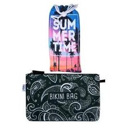 Strandtuch Capelli New York, Damen, Gr. 2 Stk., Palmen Sonnenuntergang, Frotteevelours, multi, Frotteevelours, Mikrofaser, Paisleymuster, gemustert, Handt&uuml;cher, schnell trocknend, inklusive Bikini-Bag