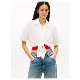 Tommy Hilfiger Kurzarmbluse TOMMY JEANS "TJW TIE FRONT LINEN SHIRT", Damen, Gr. XS (34), ecru, Web, Obermaterial: 55% Leinen, 27% Baumwolle, 18% Viskose, unifarben, l&auml;ssig geschnitten taillenbedeckt, V-Ausschnitt, abgesteppte Kante, Blusen, mit Knoten-Detail am Saum, Relaxed Fit