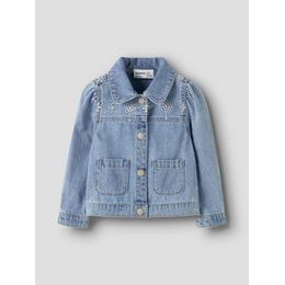 Jeansjacke name it "NMFHARPER DNM ANGLAISE JACKET 1026-OV H", M&auml;dchen, Gr. 110, light blau denim detail:anglaise, Denim/Jeans, Obermaterial: 100% Baumwolle, Abriebeffekte, bestickt, normal, Manschette, Jacken Jeansjacke, Baumwolle