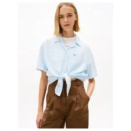 Tommy Hilfiger Kurzarmbluse TOMMY JEANS "TJW TIE FRONT LINEN SHIRT", Damen, Gr. S (36), light powdery blau, stripe, Web, Obermaterial: 55% Leinen, 27% Baumwolle, 18% Viskose, gestreift, l&auml;ssig geschnitten taillenbedeckt, V-Ausschnitt, abgesteppte Kante, Blusen, mit Knoten-Detail am Saum, Relaxed Fit