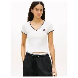 Tommy Hilfiger Kurzarmshirt TOMMY JEANS "TJW SLIM BADGE V-NECK TEE", Damen, Gr. XS (34), ecru, Single Jersey, Obermaterial: 95% Baumwolle, 5% Elasthan, unifarben mit Farbeinsatz, slim fit h&uuml;ftlang, tiefer V-Ausschnitt, Shirts, mit dem V-Ausschnitt