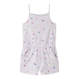 Kurzoverall name it "NMFVIGGA STRAP SUIT", M&auml;dchen, Gr. 110, N-Gr, lavender fog aop:colorful hearts, Jersey, Obermaterial: 100% Baumwolle, bedruckt, kurz, Overalls Kurzoverall, Baumwolle, mit Tr&auml;gern