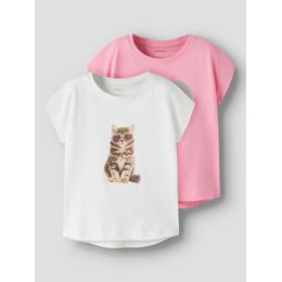 T-Shirt name it "NMFVOTIA 2P CAPSL TOP", M&auml;dchen, Gr. 104, hellwei&szlig; pack:pink drink, Jersey, Obermaterial: 100% Baumwolle, bedruckt, loose fit normal, Rundhals, Shirts T-Shirt, Baumwolle, loose fit