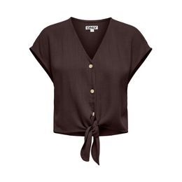 Kurzarmbluse Only "ONLSIESTA SS KNOT LIN BL SHIRT PNT NOOS", Damen, Gr. L, schwarz coffee, Web, Obermaterial: 80% Viskose, 20% Leinen, unifarben, regular fit kurz, V-Ausschnitt, Blusen, Viskosemischung, regular fit