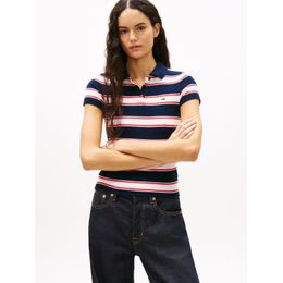 Poloshirt Tommy Jeans "TJW SLIM RIB SS POLO", Damen, Gr. S (36), schwarz night navy, multi stripe, Single Jersey, Obermaterial: 95% Baumwolle, 5% Elasthan, gestreift, slim fit h&uuml;ftlang, V-Ausschnitt, Shirts, mit gerippter Struktur