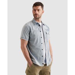 PME-Legend Kurzarmhemd PME LEGEND "Short Sleeve Shirt Indigo yarn dyed stripe", Herren, Gr. L, N-Gr, real indigo, Web, Obermaterial: 100% Baumwolle, unifarben, regular fit normal, abgesteppte Kante, Hemden, mit Logo Stickerei