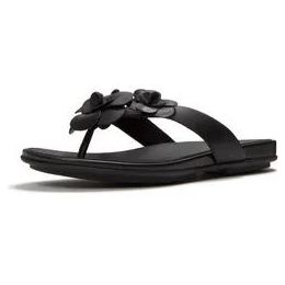 Dianette fitflop "GRACIE FLOWER LEATHER FLIP-FLOPS", Damen, Gr. 36, schwarz, Leder, Schuhe Dianette, Zehentrenner, Sommerschuh mit auff&auml;lliger Bl&uuml;te