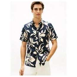 Kurzarmhemd Tommy Hilfiger "LINEN BLEND FLOWER PRINT", Herren, Gr. L, N-Gr, schwarz night navy, allover, Web, Obermaterial: 52% Baumwolle, 48% Leinen, regular fit normal, Hemden, aus Leinenmix, regular fit