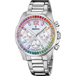 Chronograph Festina "Boyfriend Collection", silber (silberfarben, regenbogenfarben), Armbanduhren, Damen, Chronograph, Armbanduhr, Quarzuhr, Damen, Stoppfunktion, Zirkonia Regenbogenfarben