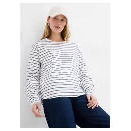 Langarmshirt bonprix, Damen, Gr. 48/50 (XL), wei&szlig;, dunkelblau gestreift, Jersey, Obermaterial: 100% Baumwolle, geringelt, gestreift, loose fit h&uuml;ftbedeckend, Rundhals, weit angesetztes B&uuml;ndchen, Shirts Langarmshirt, lockere Passform mit &uuml;berschnittenen Schultern, mit Ballon-&Auml;rmeln