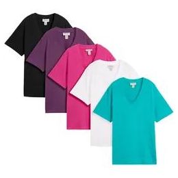 Longshirt bonprix "Weites Long-Shirt mit V-Ausschnitt, Kurzarm (5er Pack)", Damen, Gr. 56/58 (XXXL), smaragd, weinbeere, mittelfuchsia, wei&szlig;, schwarz, Jersey, Obermaterial: 100% Baumwolle, mehrfarbig, unifarben, loose fit normal, V-Ausschnitt, gerader Abschluss, Shirts Longshirt, lockere Passform, Kurzarm, mit V-Ausschnitt, unifarben