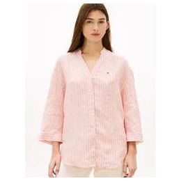 Shirtbluse Tommy Hilfiger "ESS LINEN COLLARLESS SHIRT", Damen, Gr. XS (34), chalk stp ecru fireworks, Web, Obermaterial: 100% Leinen, gestreift, gerade normal, V-Ausschnitt, Blusen, mit Logo-Stickerei