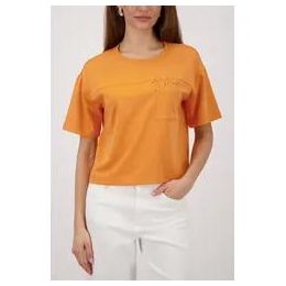 Sweatshirt monari "Basic Tasche+Schmuck", Damen, Gr. 34, orange (aperitif), Web, Obermaterial: 55% Polyester, 38% Viskose, 7% Elasthan, unifarben, regular fit taillenbedeckt, Rundhals, eingesetzt abgesteppte Kante, Sweatshirts Sweatshirt, Regular fit mit Strasssteinen