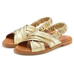 Sandale Lascana "Sandalette, Sommerschuh, offener Schuh, Pantolette", Damen, Gr. 37, goldfarben, Obermaterial: 100% Lammleder. Decksohle: 100% Rindsleder. Futter: 100% Schweinsleder. Laufsohle: 100% Synthetik, metallic, unifarben, Basic, Schuhe Sandale, aus Leder mit elastischen Riemchen