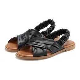 Sandale Lascana "Sandalette, Sommerschuh, offener Schuh, Pantolette", Damen, Gr. 37, schwarz, Obermaterial: 100% Lammleder. Decksohle: 100% Rindsleder. Futter: 100% Schweinsleder. Laufsohle: 100% Synthetik, unifarben, Basic, Schuhe Sandale, aus Leder mit elastischen Riemchen