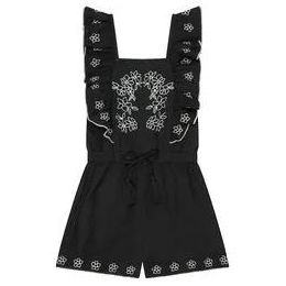 Jumpsuit RAFFYA "Philo Ruffle Neck Embroidered Playsuit M&auml;dchen", M&auml;dchen, Gr. 116, schwarz, 55% Viskose, 45% Leinen, normal, eckiger Ausschnitt, Overalls Jumpsuit