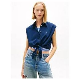 Tommy Hilfiger Blusentop TOMMY JEANS "TJW TIE FRONT POPLIN SHIRT", Damen, Gr. M (38), schwarz night navy, Popeline, Obermaterial: 100% Baumwolle, unifarben, taillenbedeckt, Rundhals, Blusen Blusentop, mit Knoten Detail am Saum, reine Baumwolle