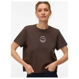 V&eacute;ro Moda Kurzarmshirt VERO MODA "VMSARA METTE SS TOP BOX JRS GA NOOS", Damen, Gr. S, chocolate braun print:1 smile hellwei&szlig;, Jersey, Obermaterial: 100% Baumwolle, bedruckt, regular fit normal, Rundhals, Shirts, Baumwolle, regular fit
