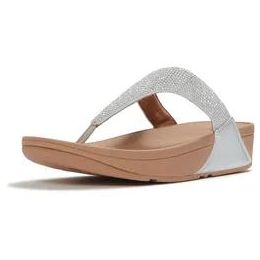 Dianette fitflop "LULU CRYSTAL EMBELLISHED TOE-POST SANDALS - HOTFIX", Damen, Gr. 39, silberfarben, Textil, Glitzer, Schuhe Dianette, Keilabsatz, Sommerschuh, Zehentrenner mit weichem Zehensteg