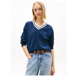Tommy Hilfiger Strickpullover TOMMY JEANS "TJW RLX V-NECK TIPPING SWEATER", Damen, Gr. L (40), schwarz night navy, Strick, Obermaterial: 100% Baumwolle, relaxed fit, Pullover Strickpullover