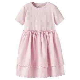 Minikleid name it "NMFHAVELLE SS DRESS", M&auml;dchen, Gr. 98, N-Gr, cradle pink, Jersey;Rippware;Web, Obermaterial: 95% Baumwolle, 5% Elasthan, unifarben, regular fit kurz, Rundhals, Kleider Minikleid, Baumwollmischung, regular fit, Lochstickerei